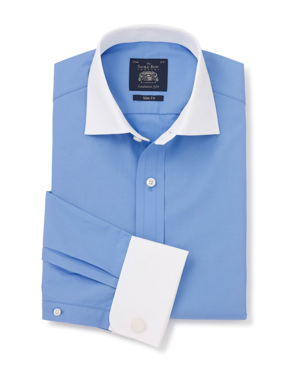 Mens Blue Cotton Slim Fit Winchester Formal Shirt With Double Cuffs