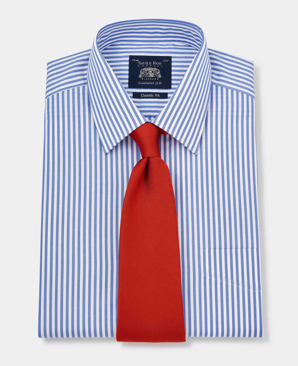 Mens Blue Classic Fit Striped Formal Shirt With Single Cuffs Savile
