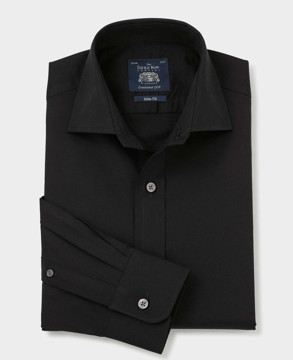Men's Black Cotton Twill Slim Fit Formal Shirt With Single Cuffs ...