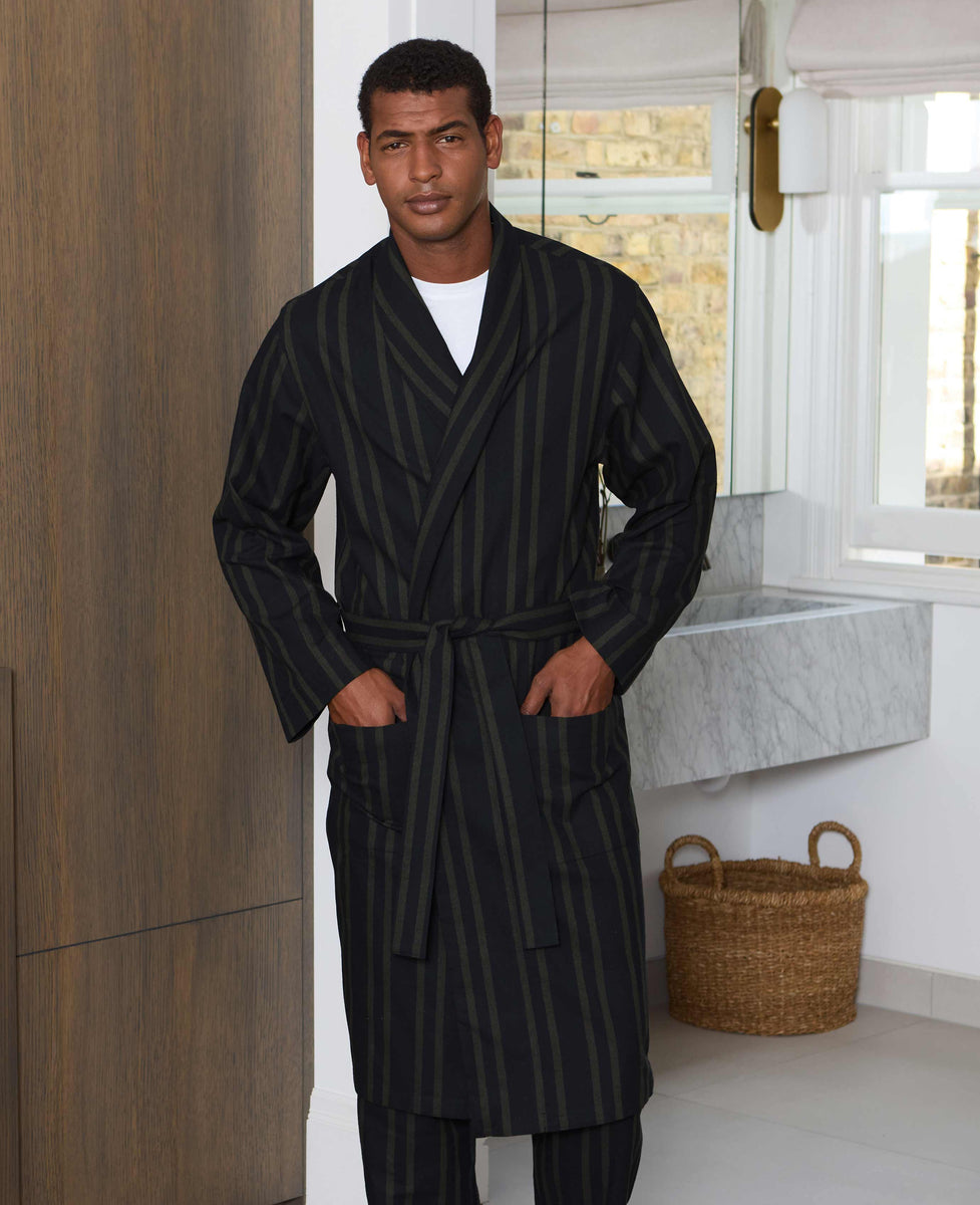 Men's Black Grey Brushed Cotton Twill Striped Dressing Gown | Savile ...