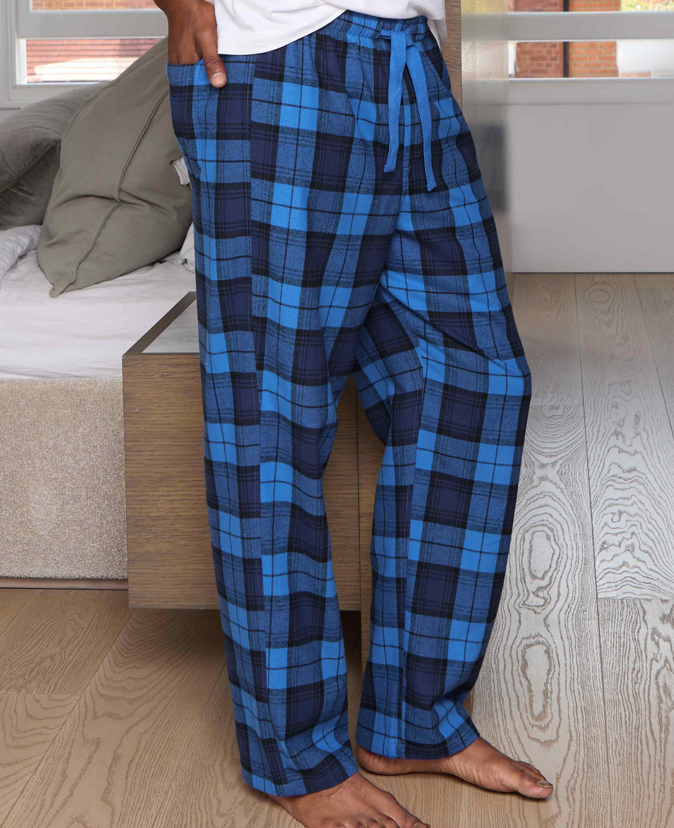 Men's Blue Brushed Cotton Twill Window Check Lounge Pants | Savile Row ...