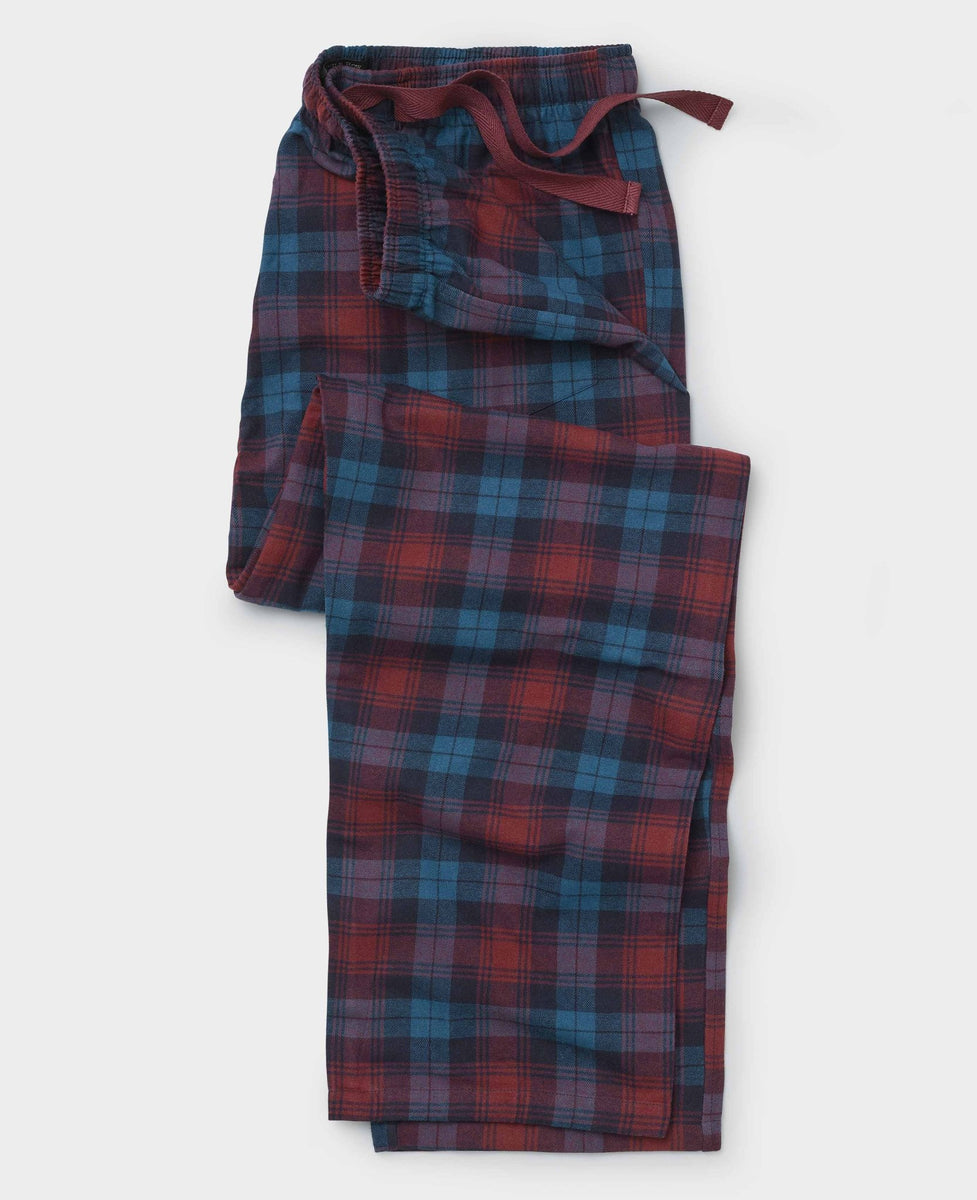 Men's Blue Burgundy Brushed Cotton Twill Window Check Lounge Pants ...