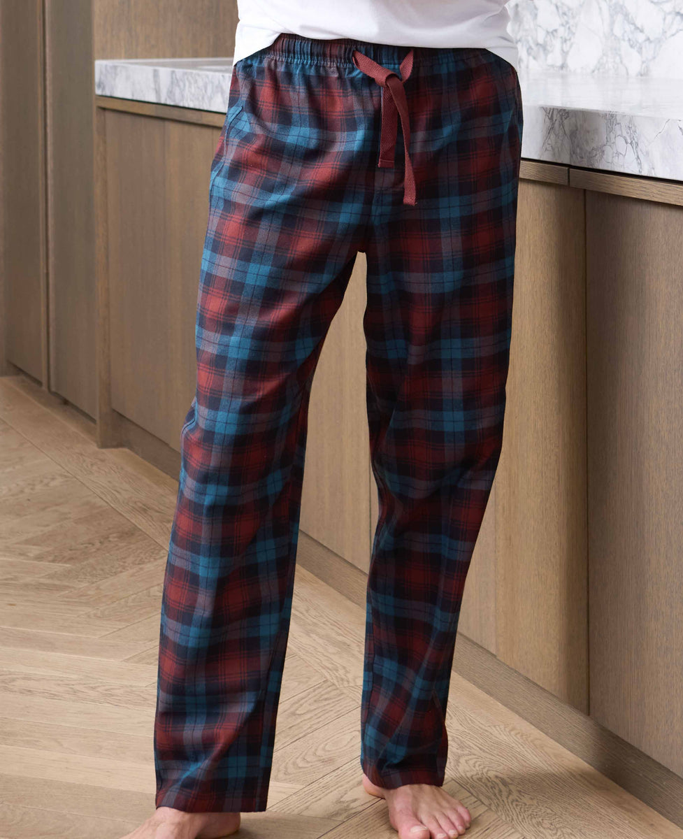 Men's Blue Burgundy Brushed Cotton Twill Window Check Lounge Pants ...