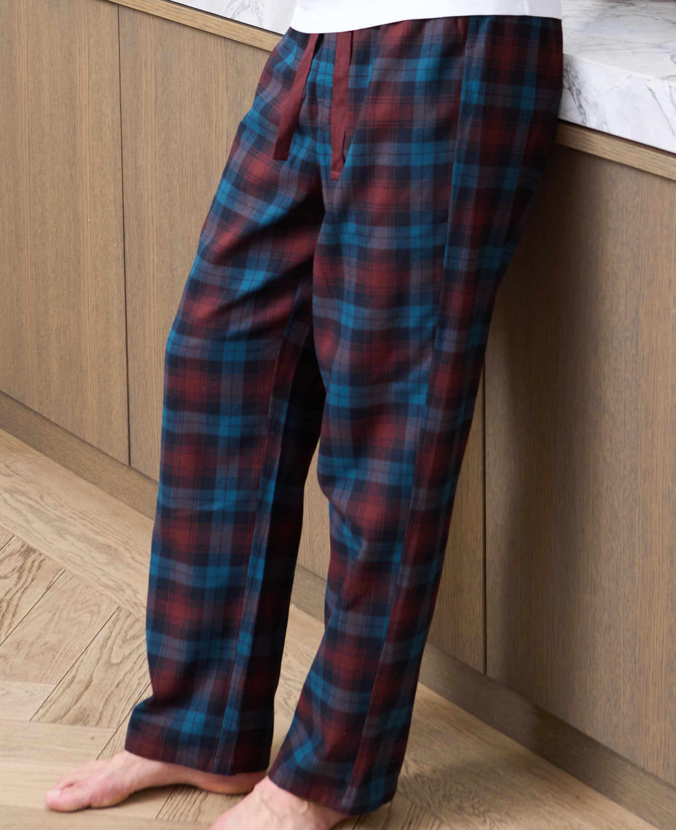 Men's Blue Burgundy Brushed Cotton Twill Window Check Lounge Pants ...