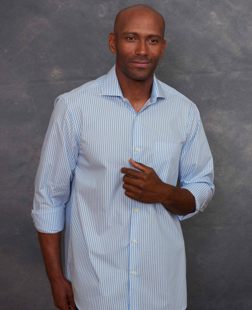 Men's Blue Cotton Bengal Stripe Classic Fit Smart-Casual Shirt With ...