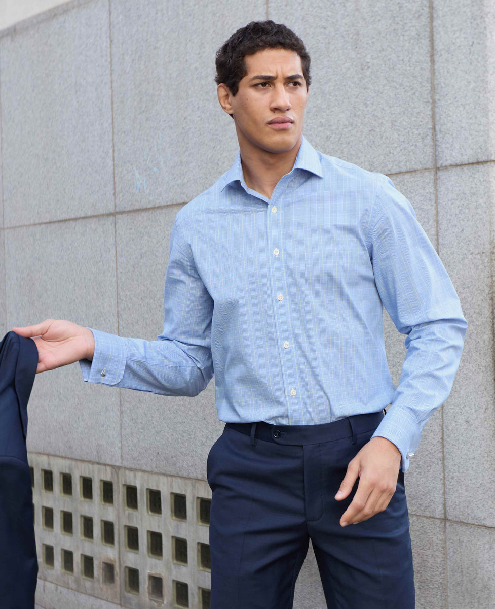 Men's Blue Cotton Prince of Wales Check Slim Fit Formal Shirt With ...