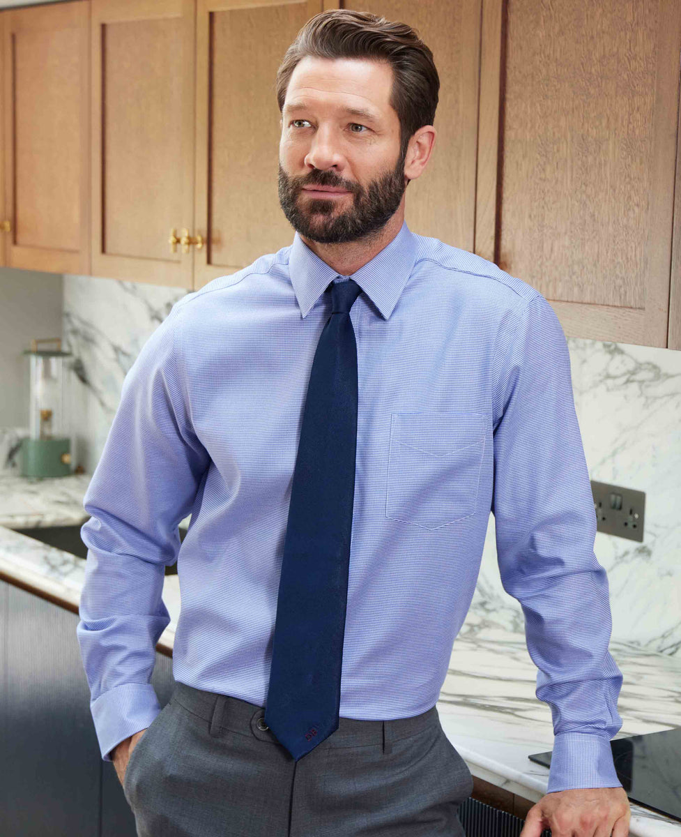 Men's Blue Classic Fit Puppytooth Formal Shirt With Single Cuffs ...