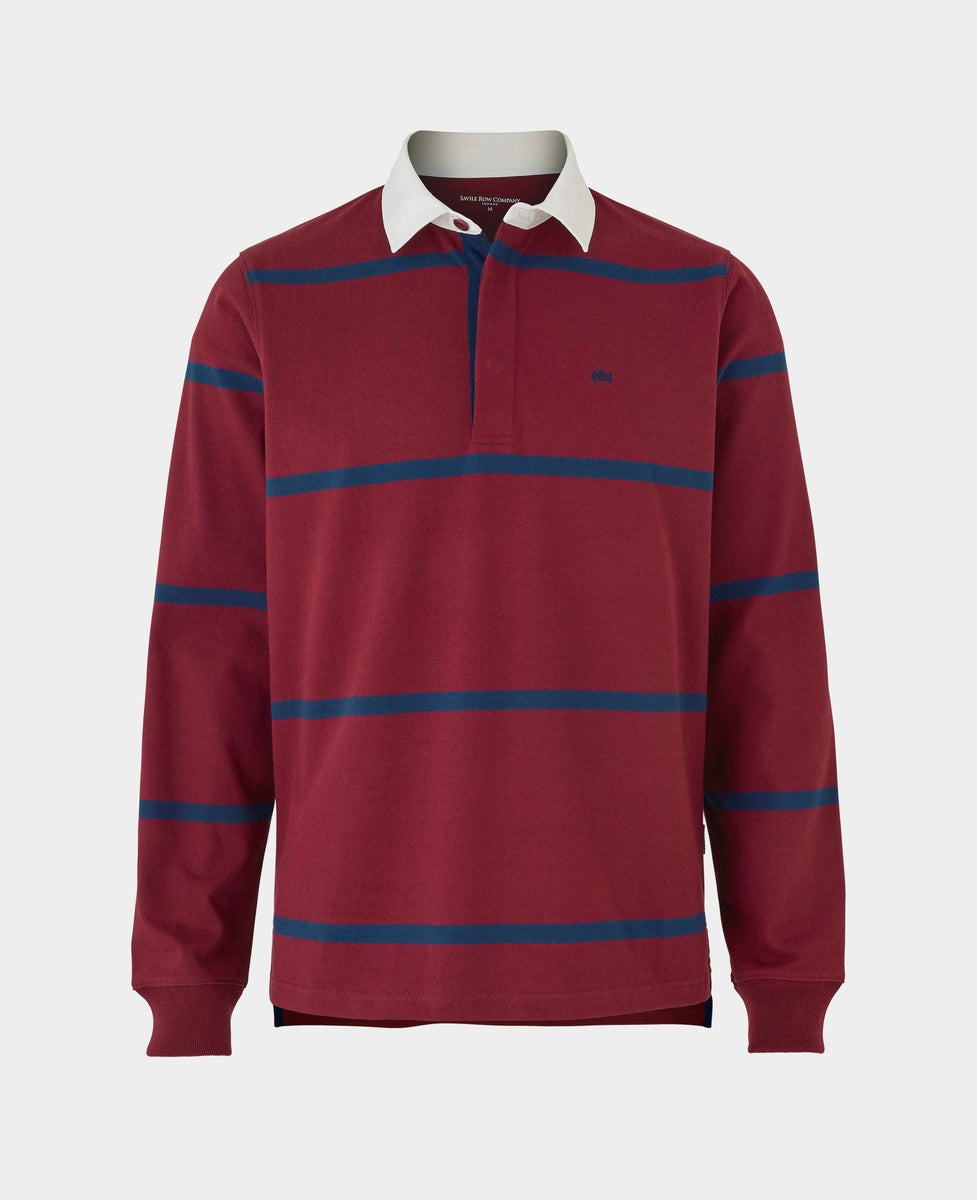 Men's Burgundy Navy Stripe Heavyweight Cotton Jersey Rugby Shirt ...
