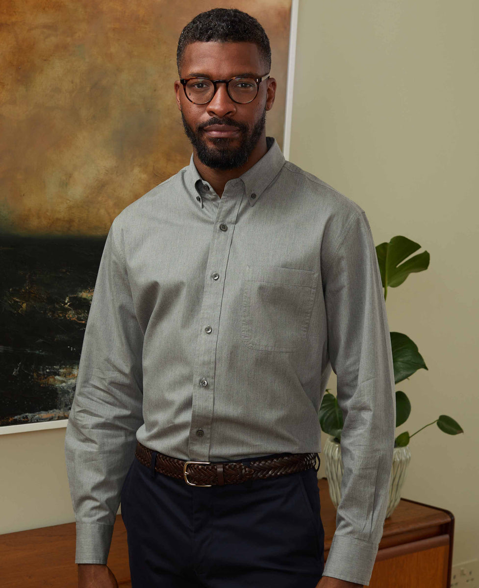 Men's Grey Twill Button-Down Casual Shirt | Savile Row Company