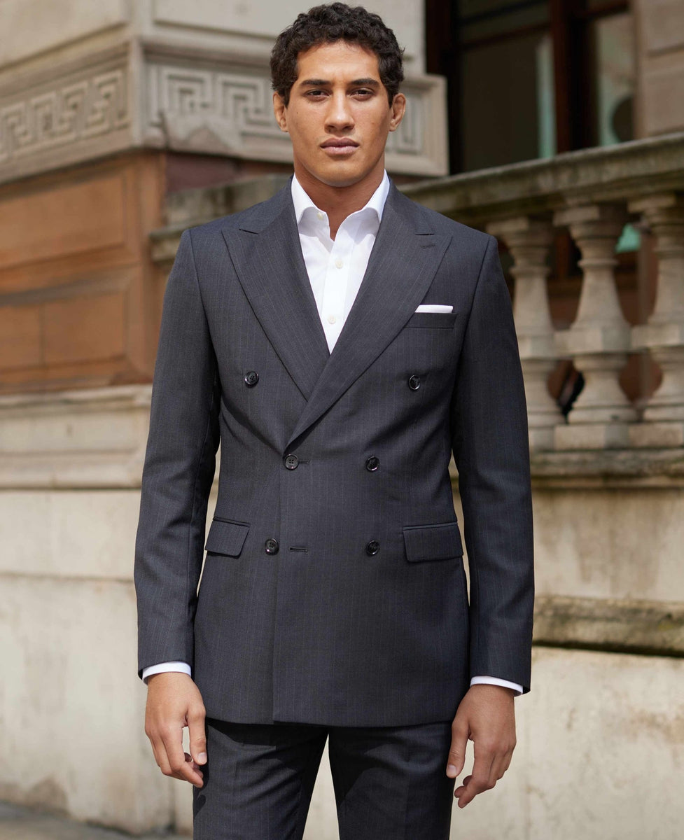 Men's Grey Wool Blend Chalk Stripe Double Breasted Tailored Suit ...