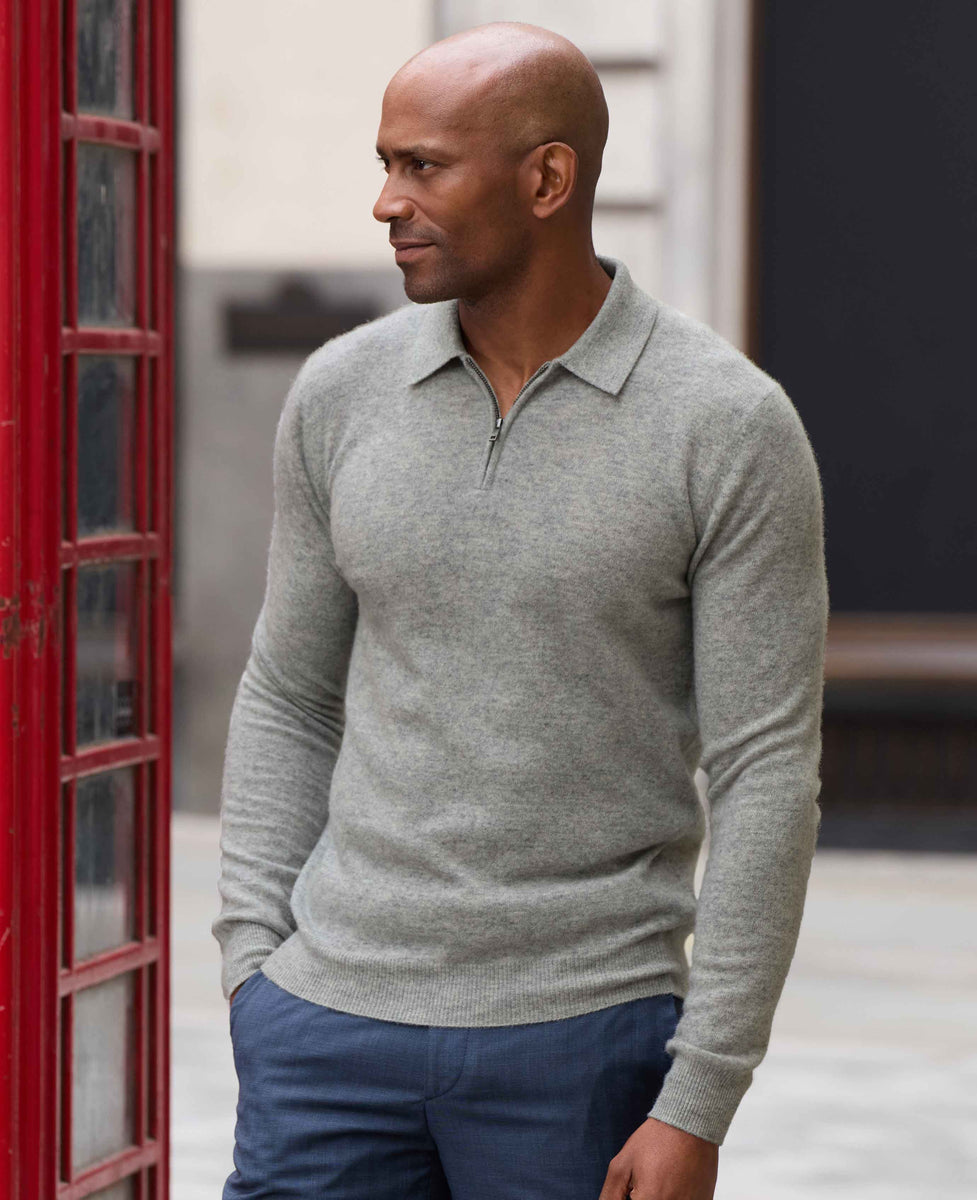 Men's Light Grey Merino Wool Cashmere Zip Neck Long Sleeve Polo Shirt ...