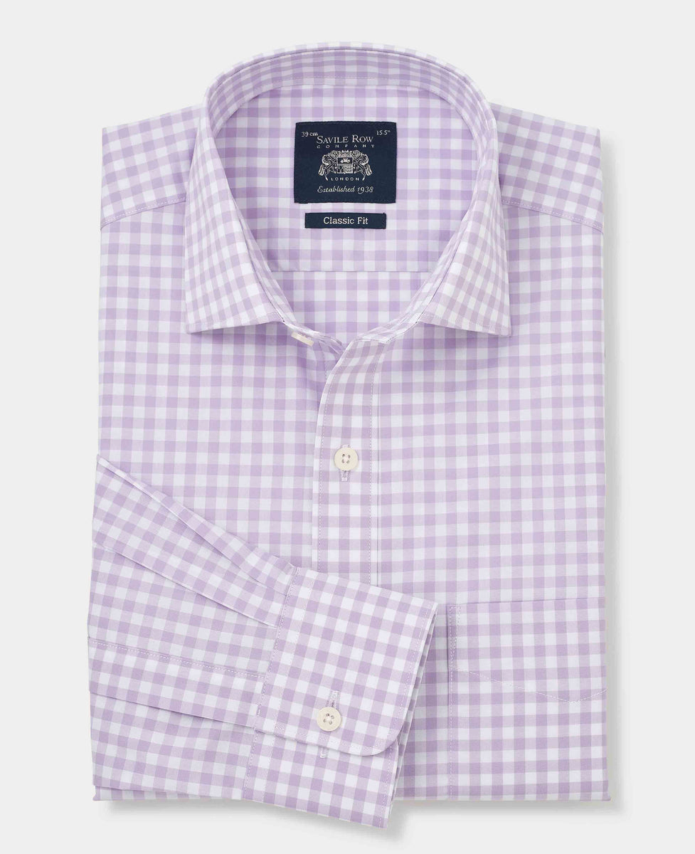Men's Lilac Cotton Check Classic Fit Formal Shirt With Single Cuffs ...