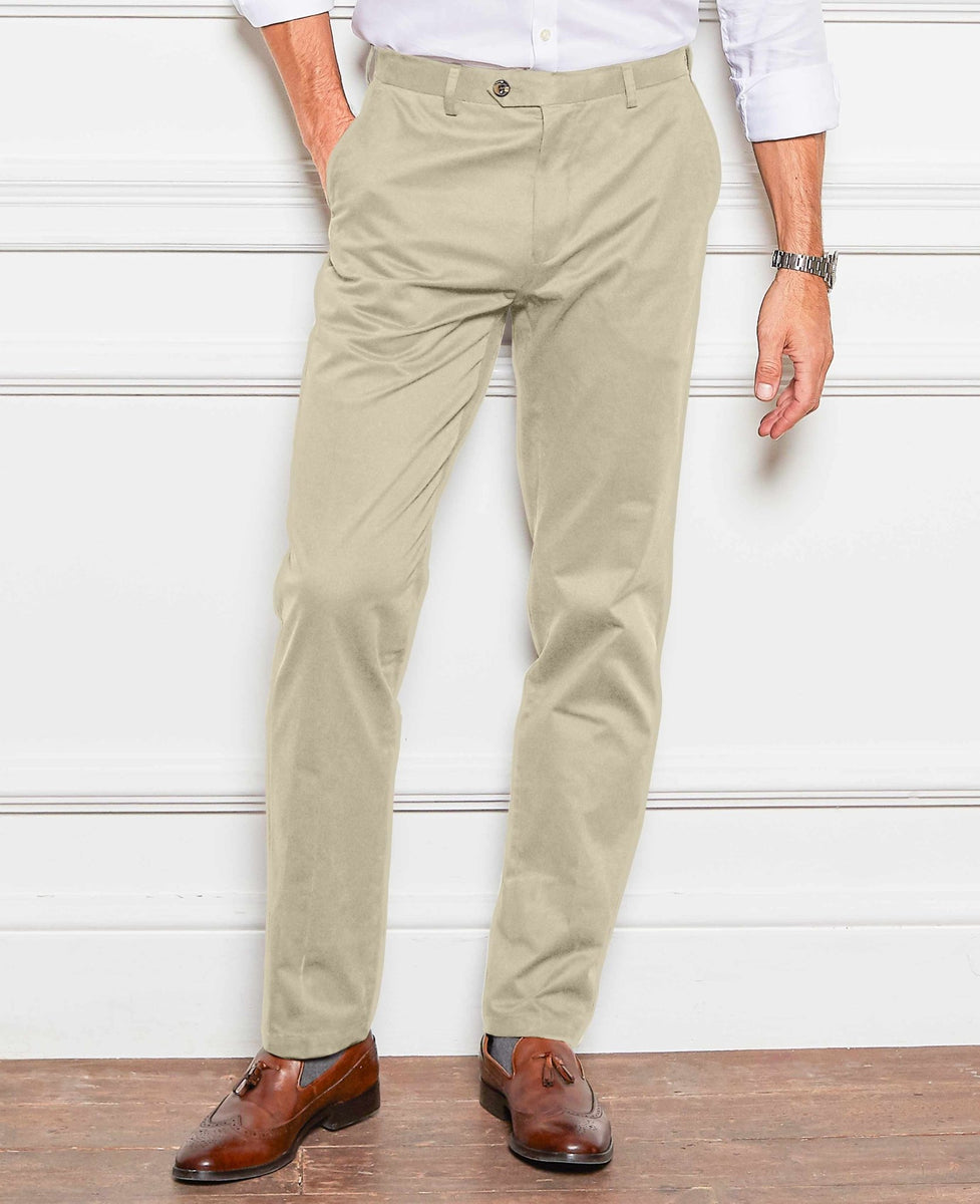 Men's Stone Stretch Cotton Classic Fit Flat Front Chinos – Savile Row ...