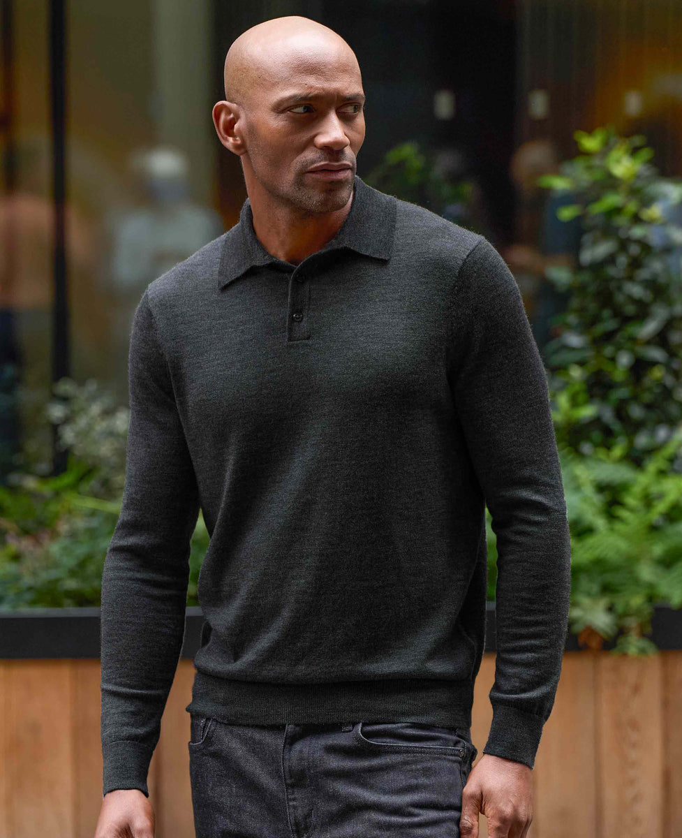 Men's Charcoal Merino Wool Knitted Polo Shirt | Savile Row Company