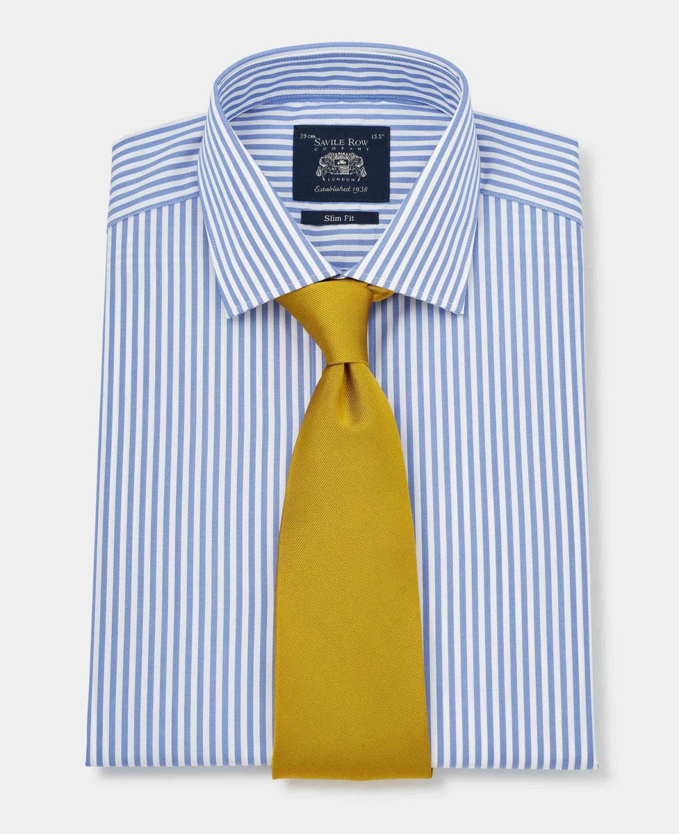 Men's Blue Slim Fit Striped Formal Shirt With Single Cuffs | Savile Row ...