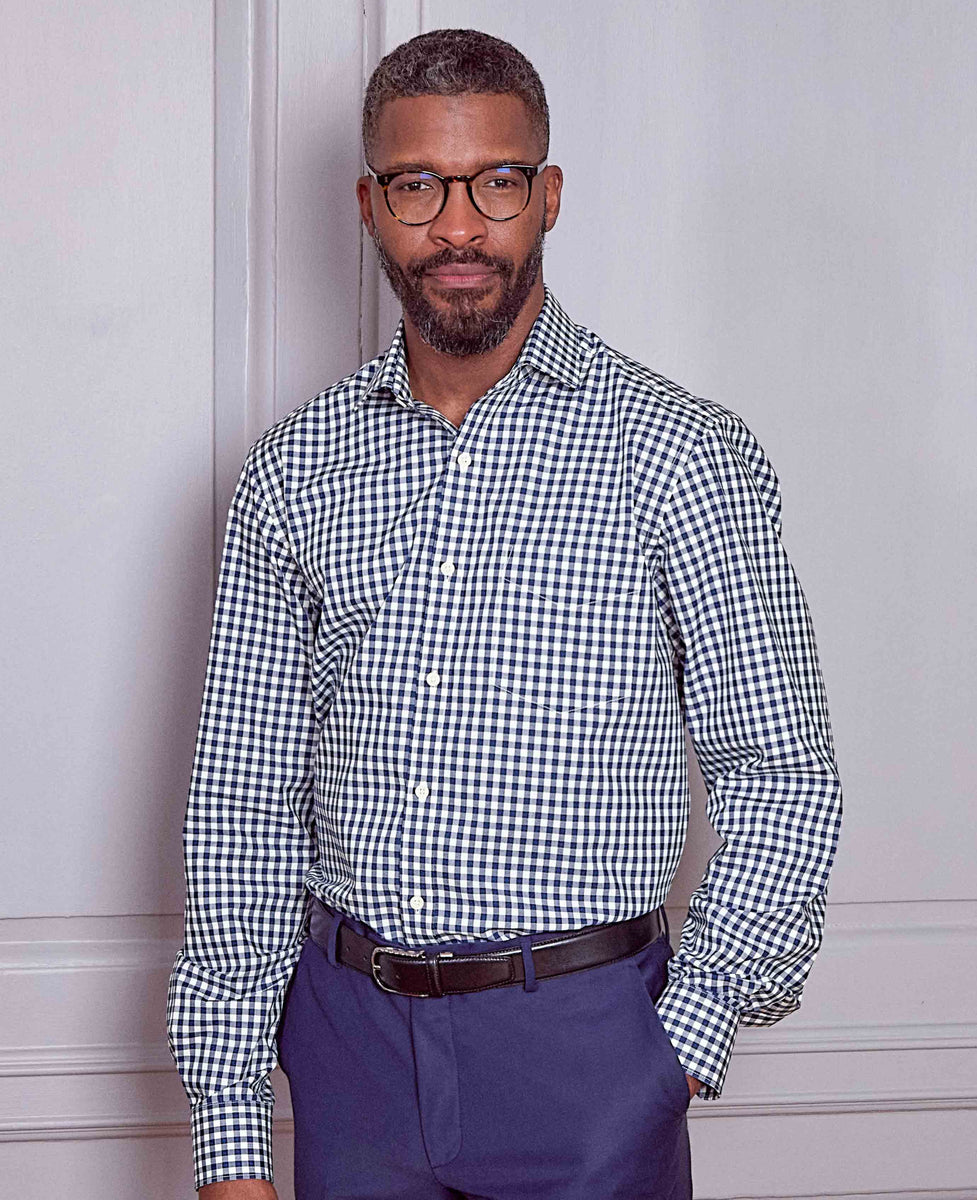 Men's Navy Cotton Gingham Check Classic Fit Formal Shirt With Single ...