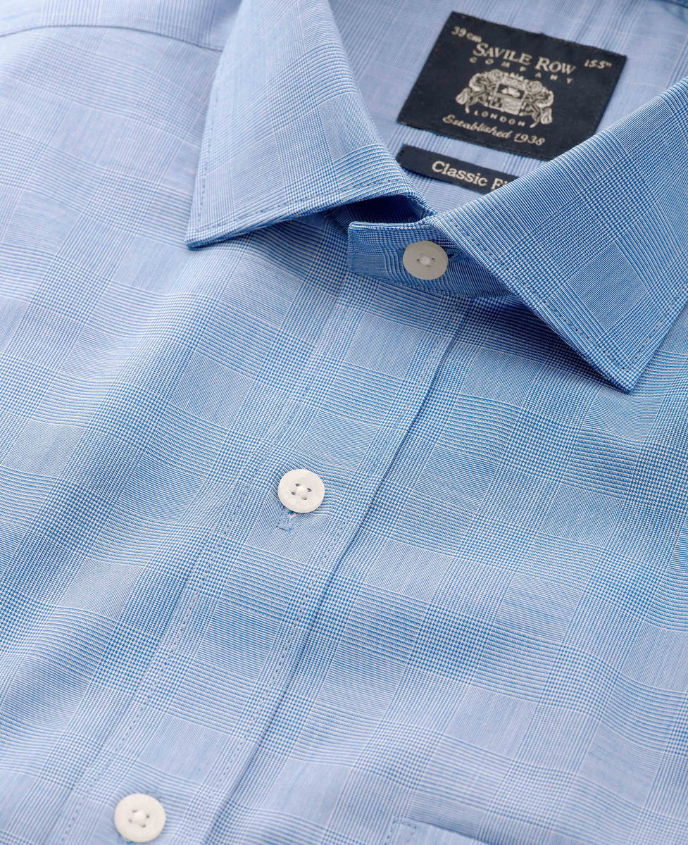 Men's Navy Cotton Prince of Wales Check Classic Fit Formal Shirt With ...