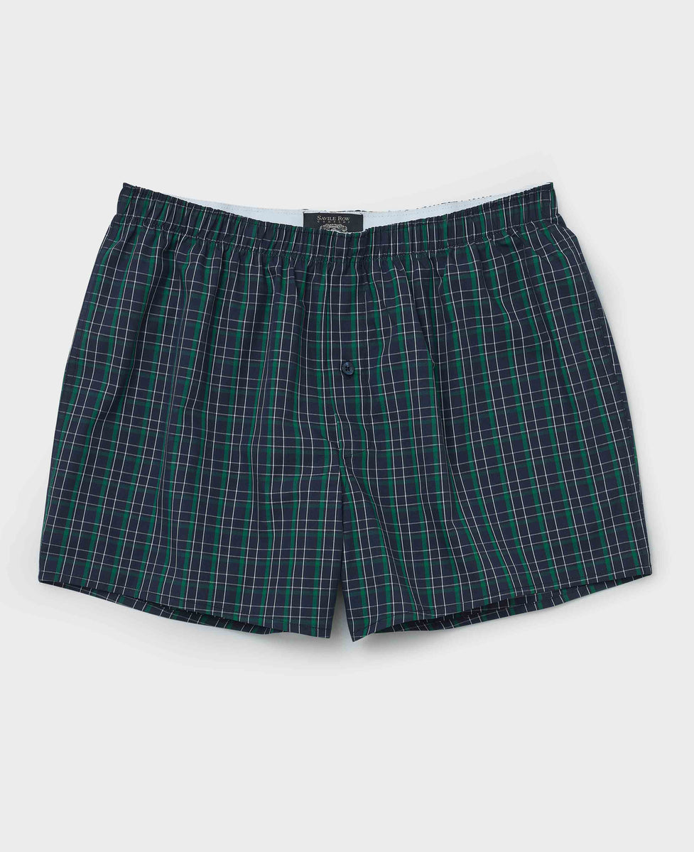 Men's Navy Green Cotton Window Check Boxer Shorts | Savile Row Company