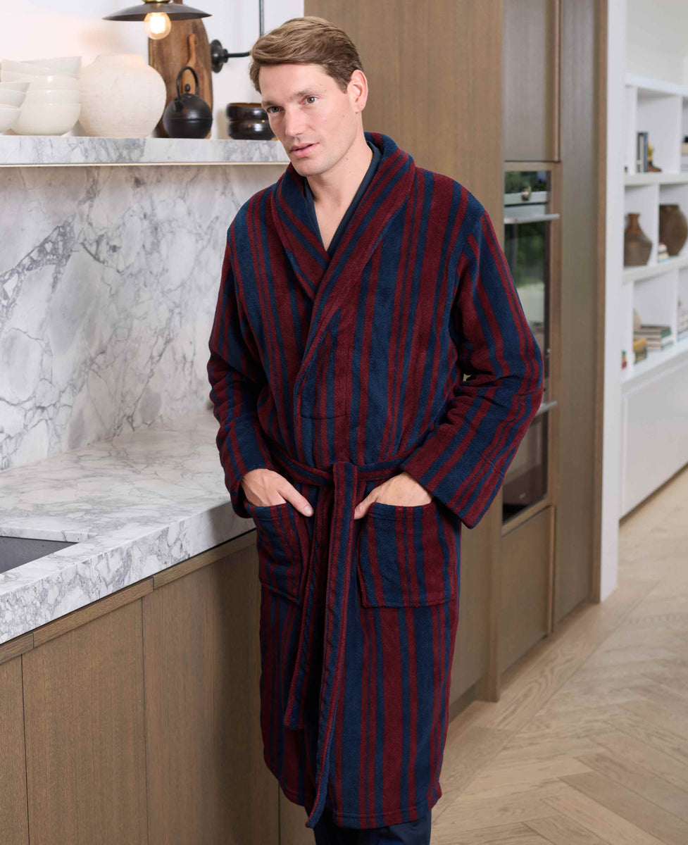 Men's Navy Multi Stripe Super Soft Fleece Dressing Gown | Savile Row ...