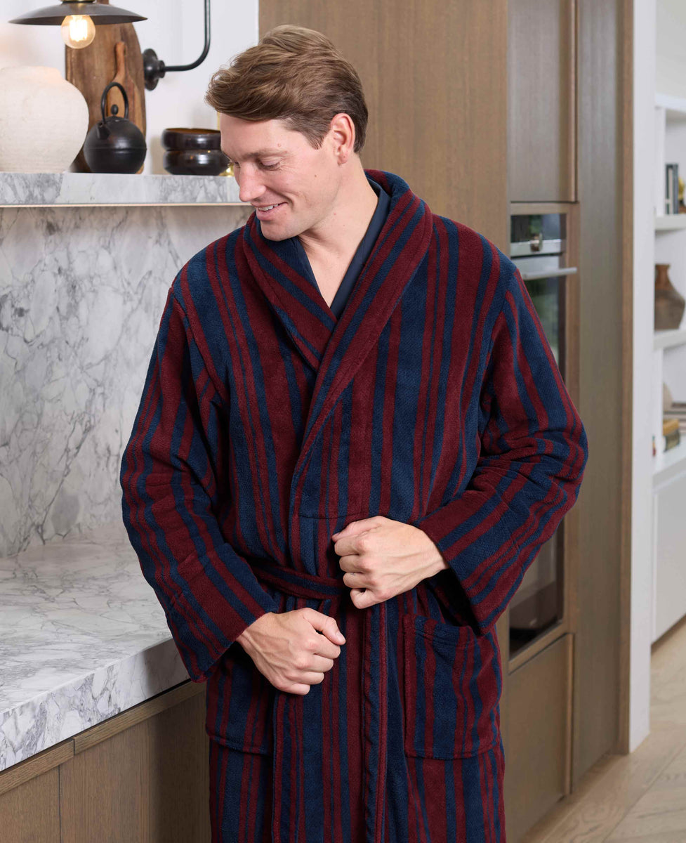 Men's Navy Multi Stripe Super Soft Fleece Dressing Gown | Savile Row ...