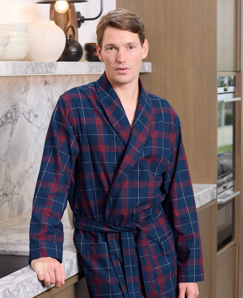 Men's Navy Red Brushed Cotton Twill Window Check Dressing Gown | Savile ...
