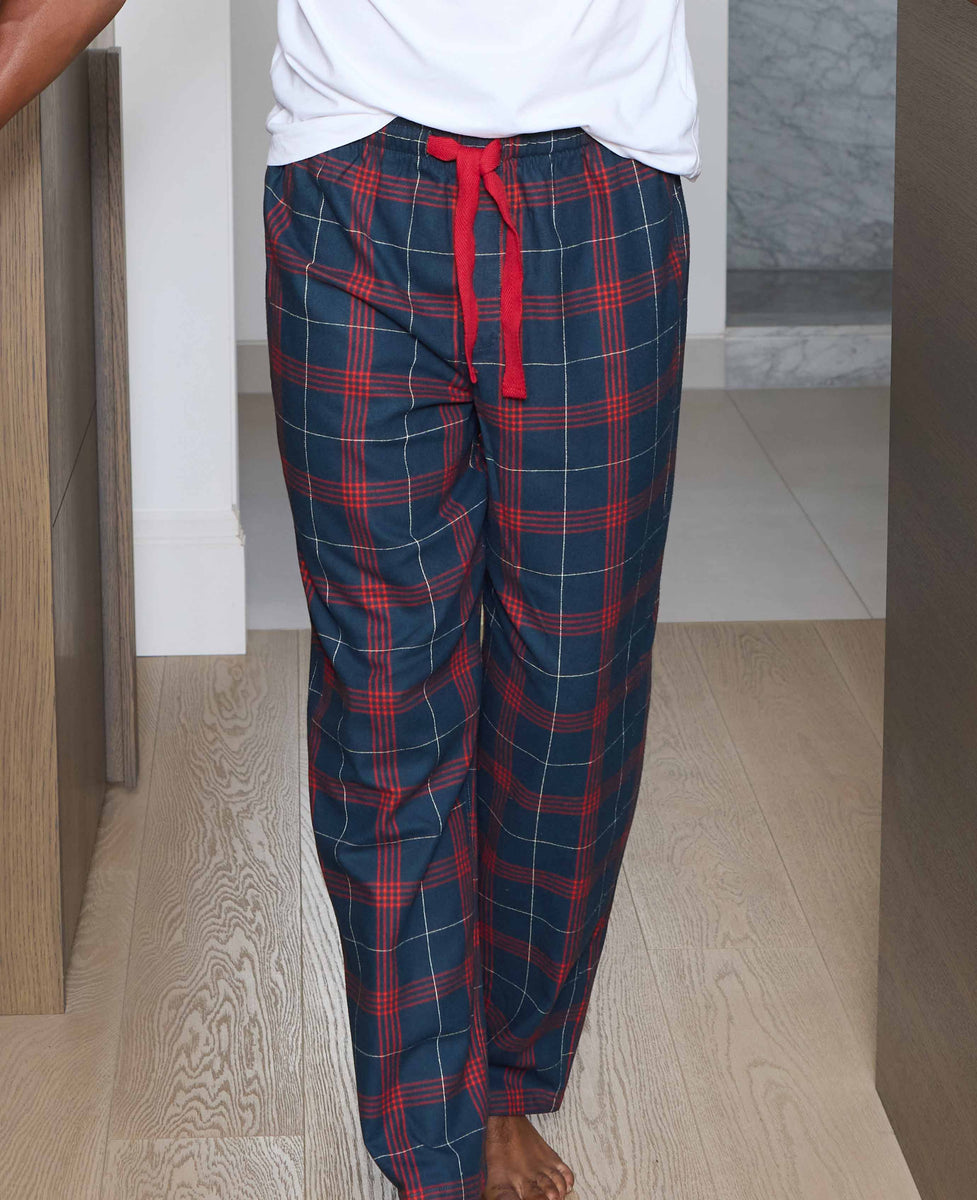 Men's Navy Red Brushed Cotton Twill Window Check Lounge Pants | Savile ...