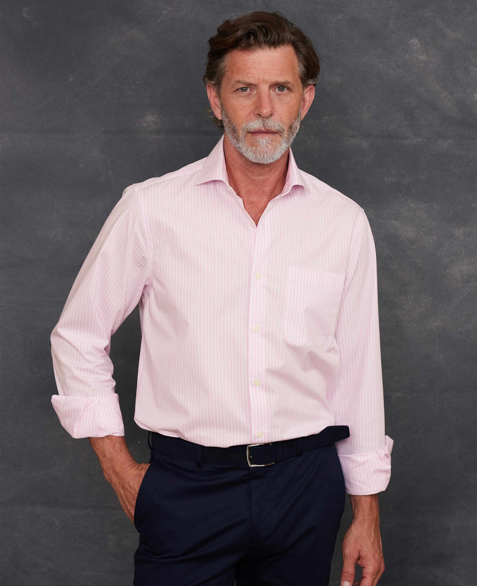 Men's Pink Cotton Bengal Stripe Classic Fit Smart-Casual Shirt With ...