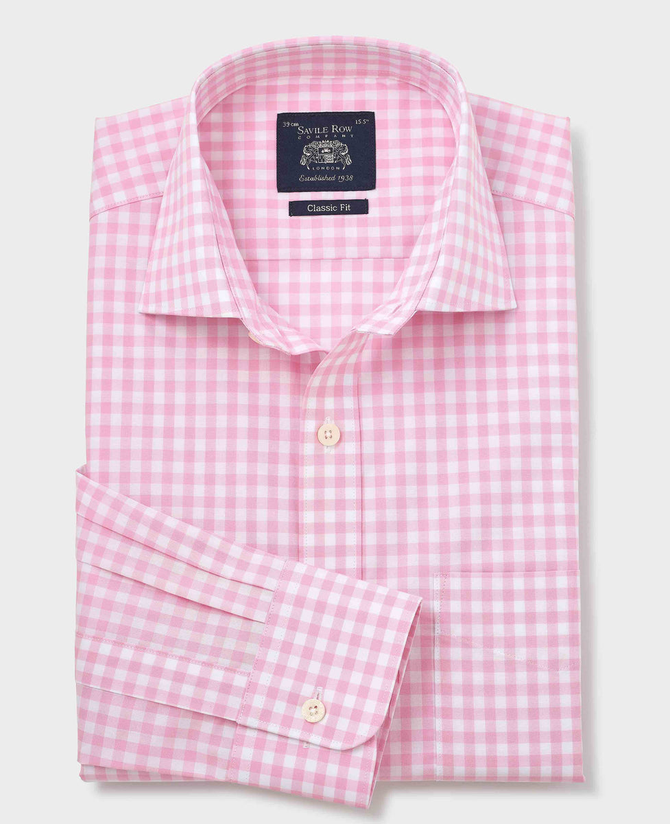 Men's Pink White Cotton Gingham Check Classic Fit Formal Shirt With ...