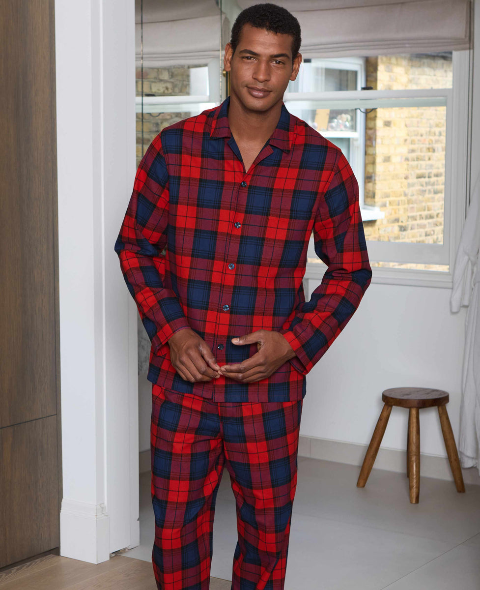 Men's Red Multi Brushed Cotton Twill Window Check Pyjamas | Savile Row ...