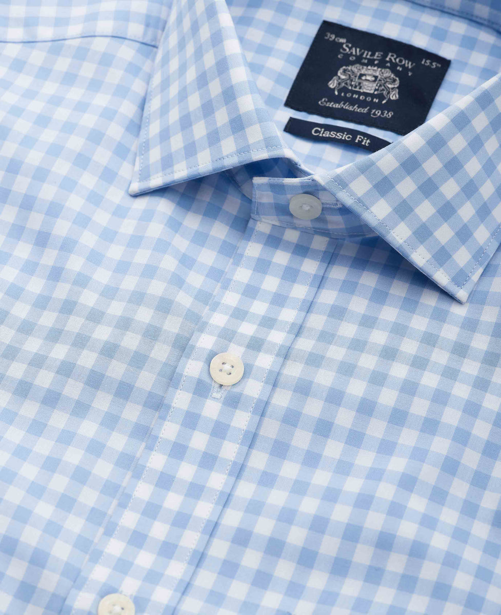 Men's Sky Blue Cotton Gingham Classic Formal Shirt With Single Cuffs ...