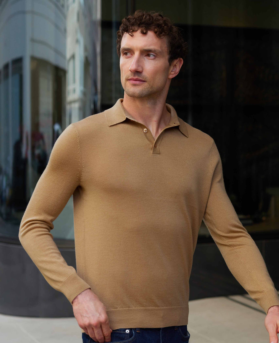 Men's Tan Merino Wool Knitted Polo Shirt | Savile Row Company