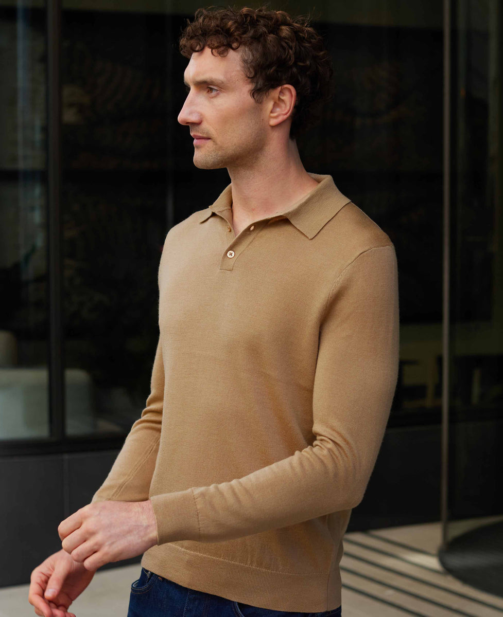 Men's Tan Merino Wool Knitted Polo Shirt | Savile Row Company