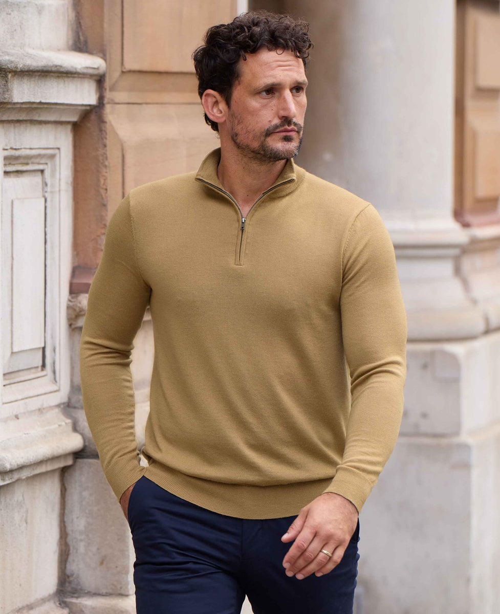 Men's Tan Merino Wool Zip Neck Jumper | Savile Row Company