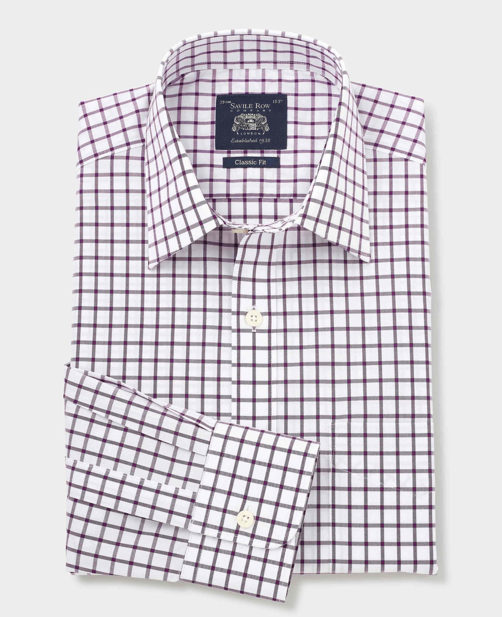 Men's White Purple Cotton Grid Check Classic Fit Formal Shirt With ...